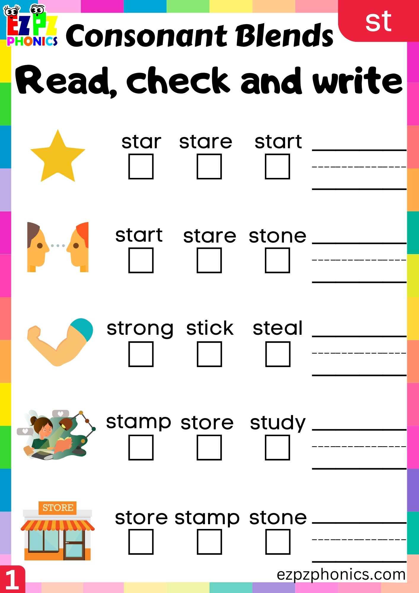 Group1 ST Words Read, Check And Write Phonics Consonant Blends Worksheet - ezpzphonics.com